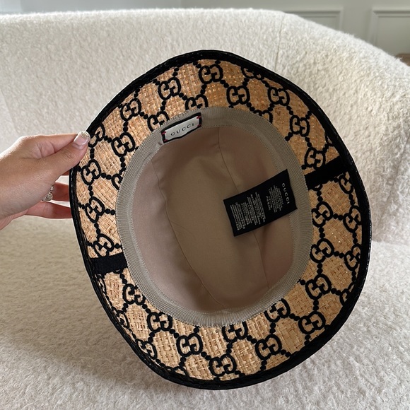 Gucci | Accessories | Gucci Raffia Natural And Black Gg Bucket Hat ...